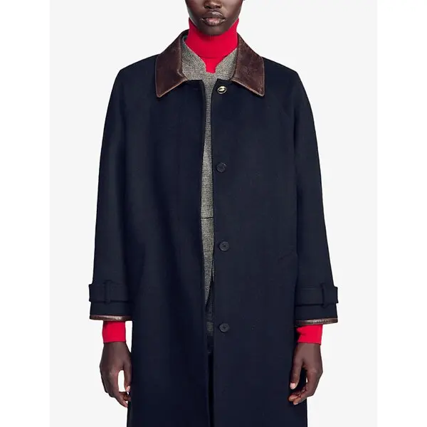 Sandro Leather-collar Double-faced Wool Coat