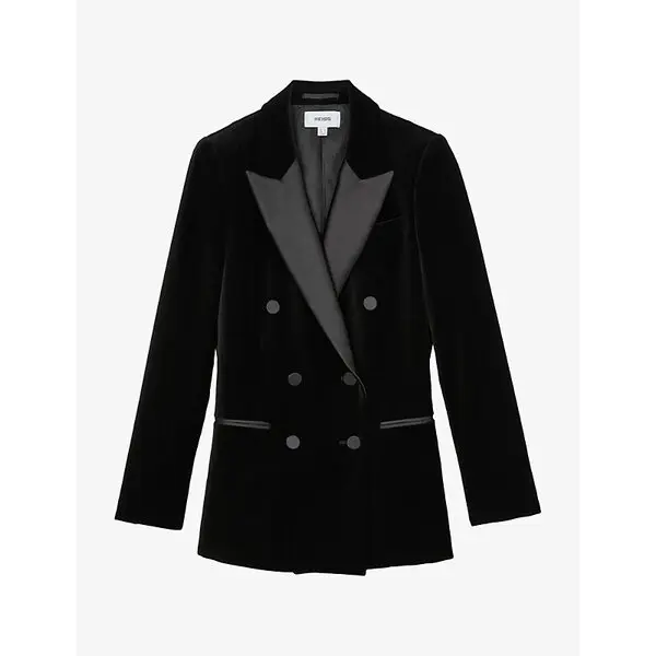 REISS Wren Satin-trim Single-breasted Velvet Blazer - Black
