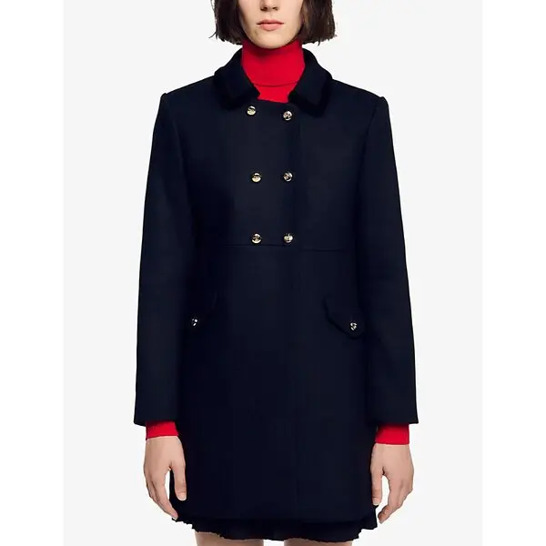 Sandro Velvet-collar Double-breasted Wool-blend Coat