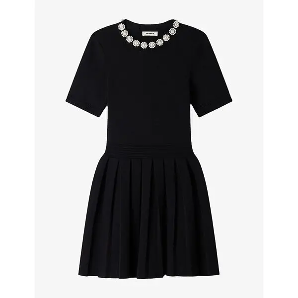 Sandro Bead-embellished Pleated Knitted Mini Dress