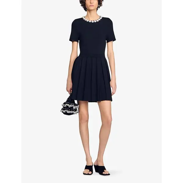 Sandro Bead-embellished Pleated Knitted Mini Dress