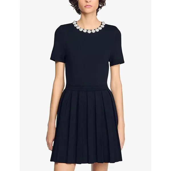 Sandro Bead-embellished Pleated Knitted Mini Dress