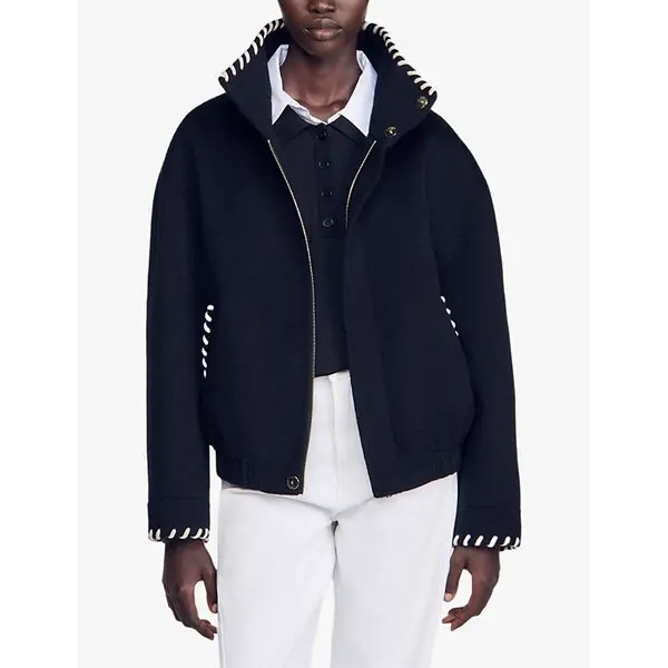 Sandro Topstitched-detail Funnel-neck Wool Jacket