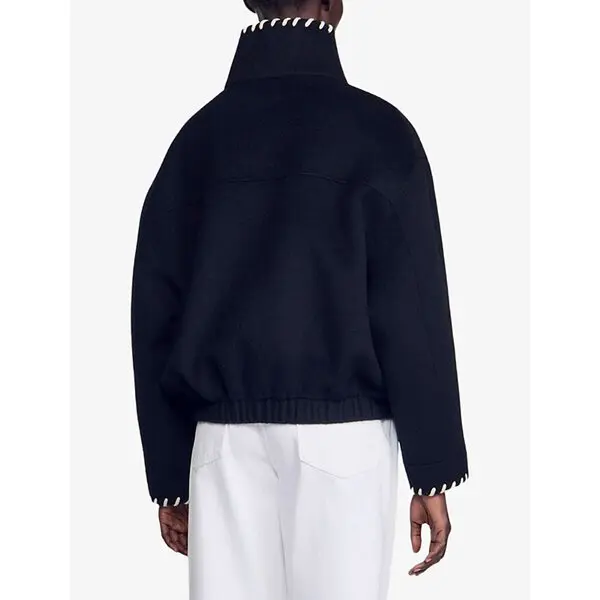 Sandro Topstitched-detail Funnel-neck Wool Jacket