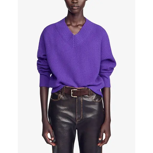 Sandro Ribbed-knit V-neck Wool And Cashmere Jumper