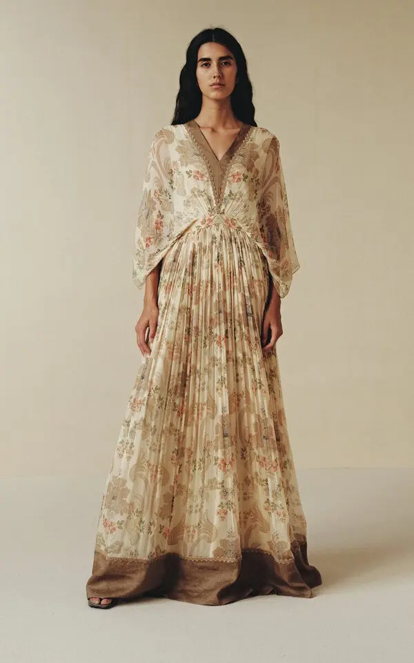 INTO THE EAST Floral Pleated Silk Maxi Dress