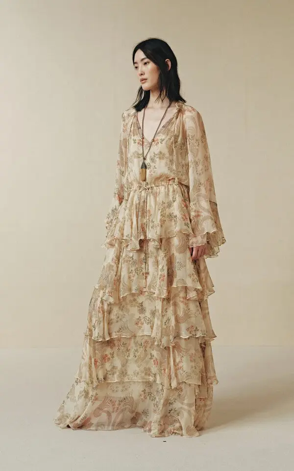 INTO THE EAST Floral Tiered Silk Maxi Dress