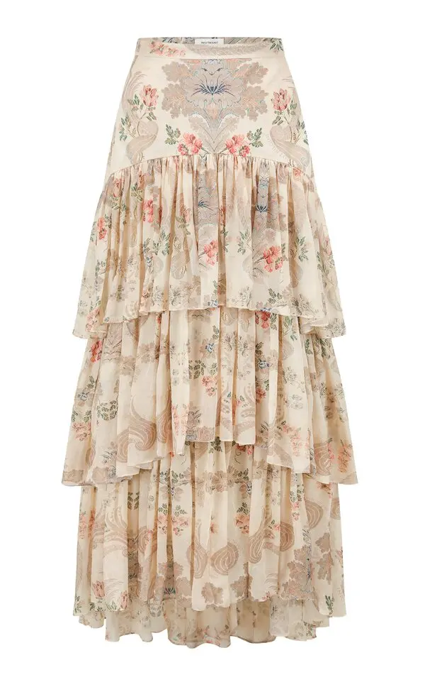 INTO THE EAST Floral Scroll Silk-blend Maxi Skirt