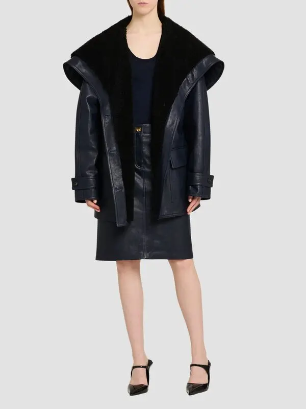 FERRAGAMO Leather & Shearling Caban Coat
