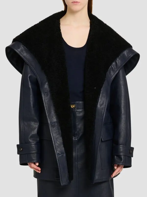 FERRAGAMO Leather & Shearling Caban Coat