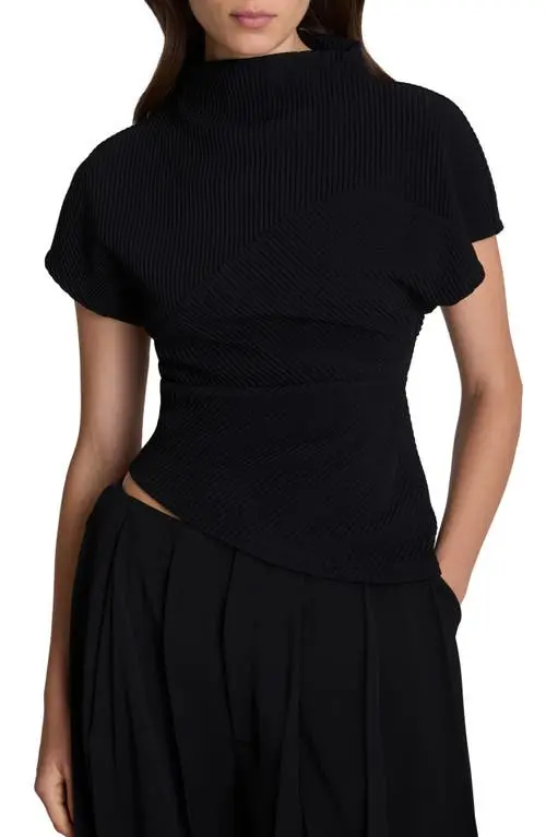KENNETH COLE Mock Neck Asymmetric Plissé Pullover - Black