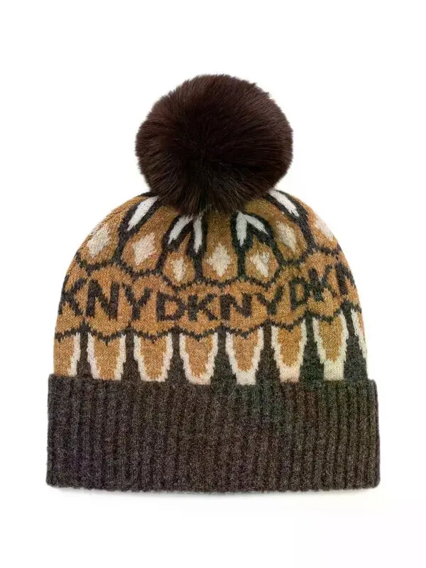 Dkny Logo-intarsia Pom-pom Beanie Hat - Brown