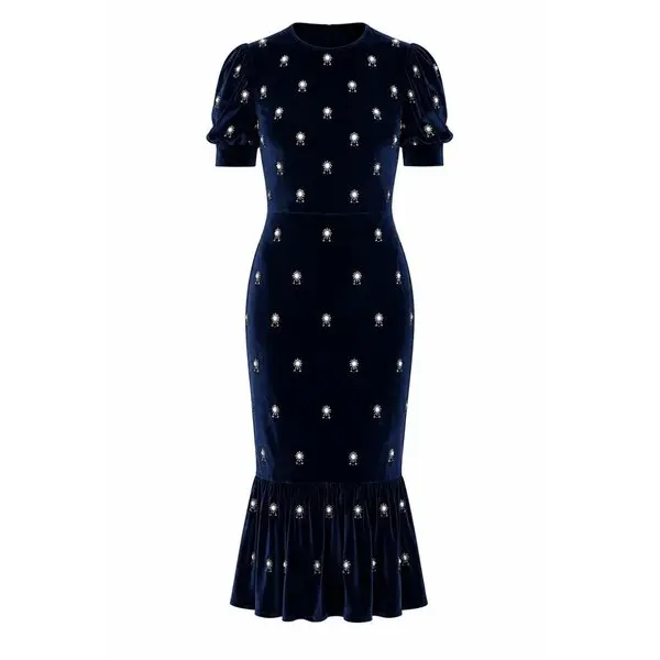 ROSE & NANCY Stevie Navy Velvet Hand Embellished Midi Dress