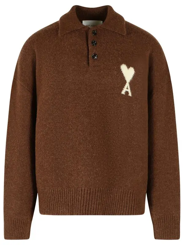 AMI Paris De Cœur' Chocolate Alpaca Polo Shirt - Brown