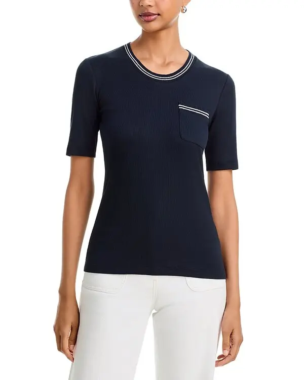 Fabiana Filippi Cotton Stretch Striped Trim Jersey Tee - Navy