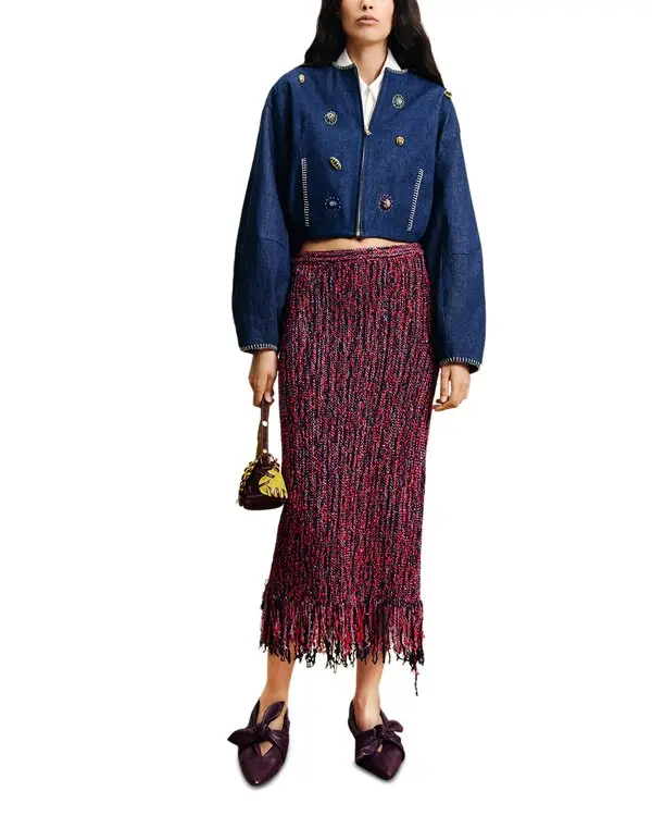 ALEMAIS Nieve Sequined Fringe Knit Midi Skirt