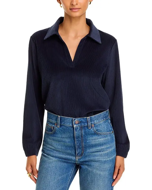 Veronica Beard Issa Long Sleeve Ribbed Polo Shirt - Navy