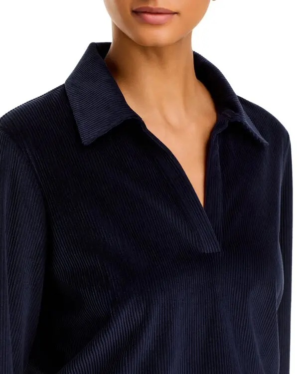 Veronica Beard Issa Long Sleeve Ribbed Polo Shirt - Navy