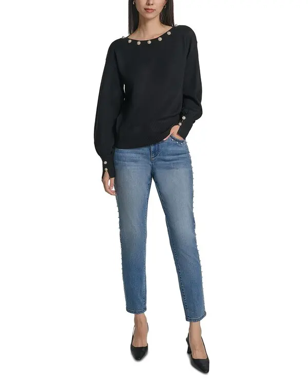 Karl Lagerfeld Paris Imitation Pearl Trim Boat Neck Sweater - Black