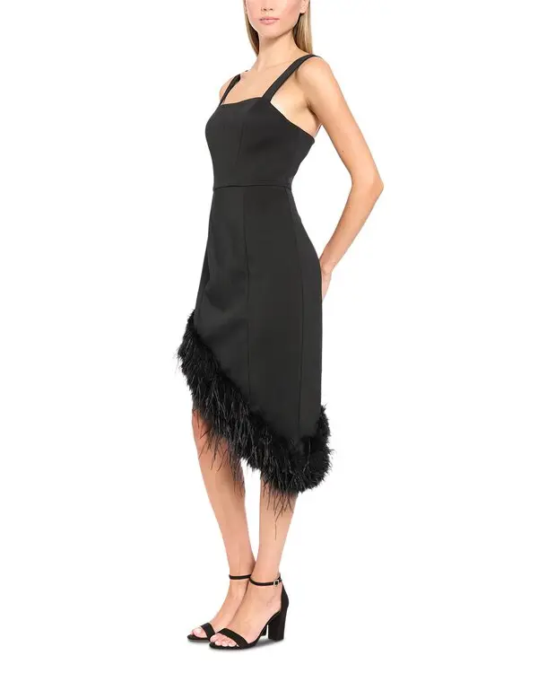 Maggy London Square Neck Asymmetric Feather Trim Dress