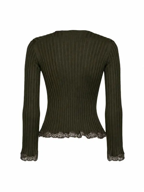 Saint Laurent Khaki Ribbed Knit Cassandre Top With Lace Trims