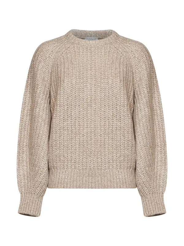 Brunello Cucinelli Beige Sequin-embellished Cashmere-blend Knit Crewneck Sweater - Multicolor