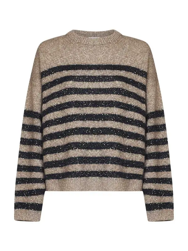 Brunello Cucinelli Brown And Blue Soft Wool And Cashmere Sweater With Dazzling Stripes - Multicolor