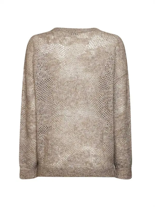 Brunello Cucinelli Beige Sparkling Mohair Blend Flower Lace Sweater