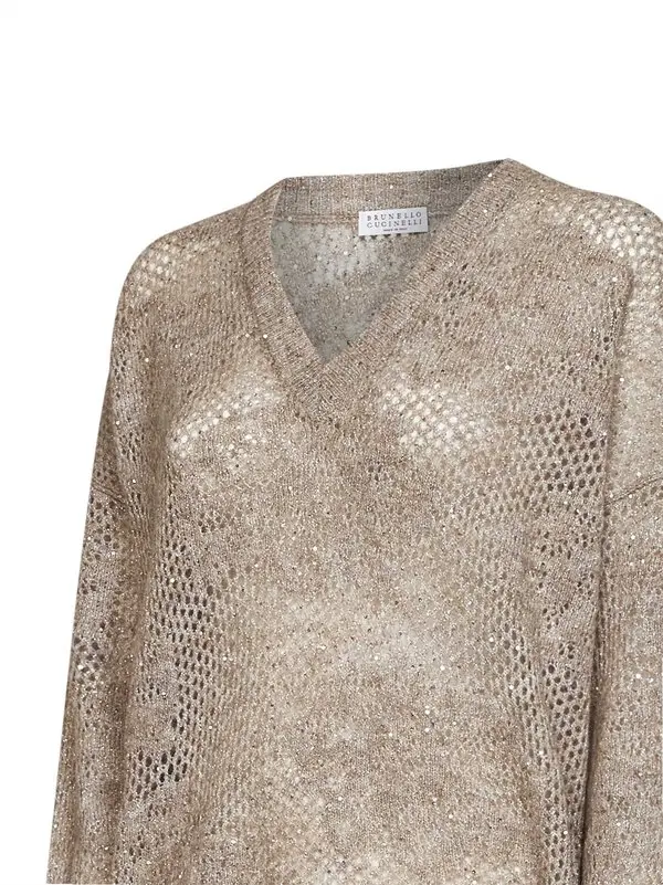 Brunello Cucinelli Beige Sparkling Mohair Blend Flower Lace Sweater