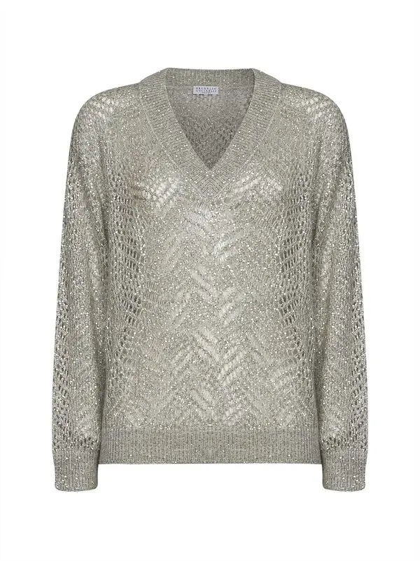 Brunello Cucinelli Grey Dazzling Abstract Leaf Sweater