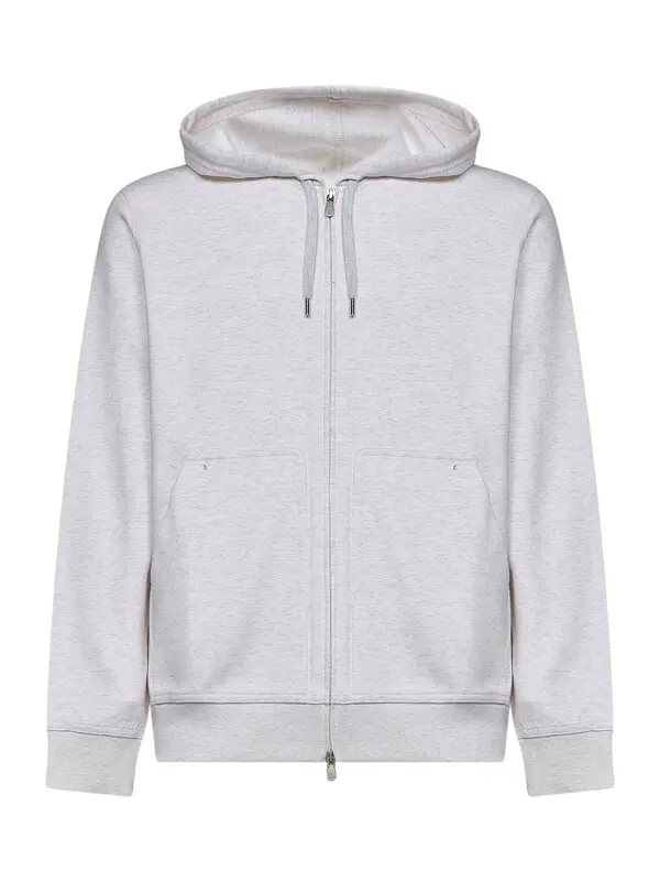 Brunello Cucinelli Travertine White Techno Cotton Double Jersey Zip-up Hoodie