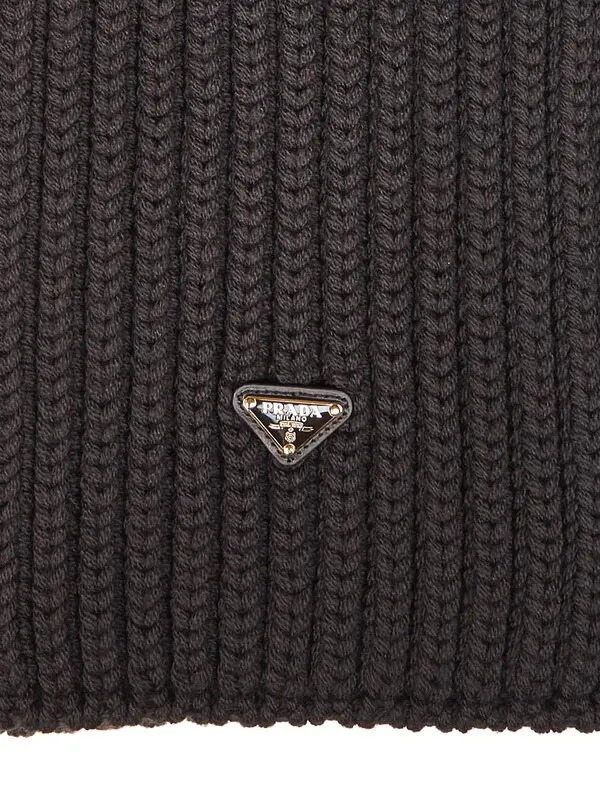 Prada Accessori Pelletteria Black Wool Knit Scarf With Triangle Logo