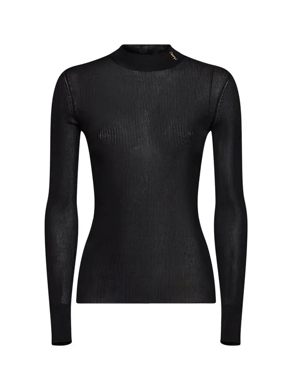 Saint Laurent Black Lightweight Ribbed Silk Knit Mock-neck Top