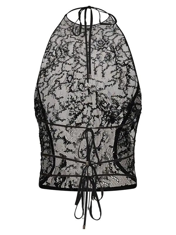 Attico Black Tulle Superattico10 Top With Lace And Sequin Embroidery - Multicolor