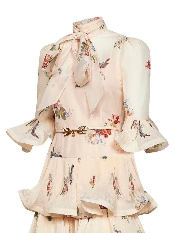 Zimmermann Cream Bird-print Chiffon Pleated Mini Dress