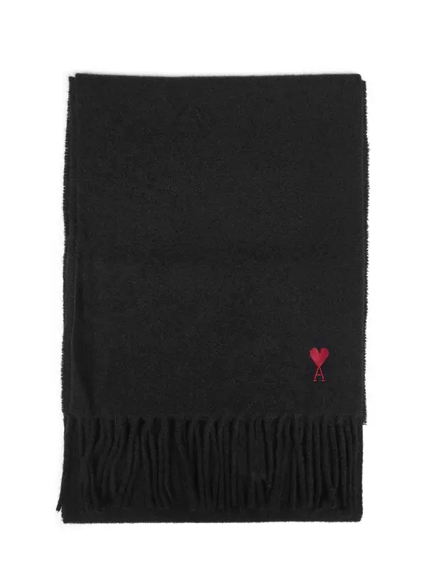 AMI Paris Black Wool De Cœur Scarf