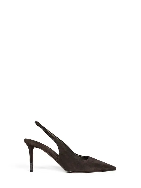 Brunello Cucinelli Pepper Brown Suede Slingback Heels With Monili - Multicolor