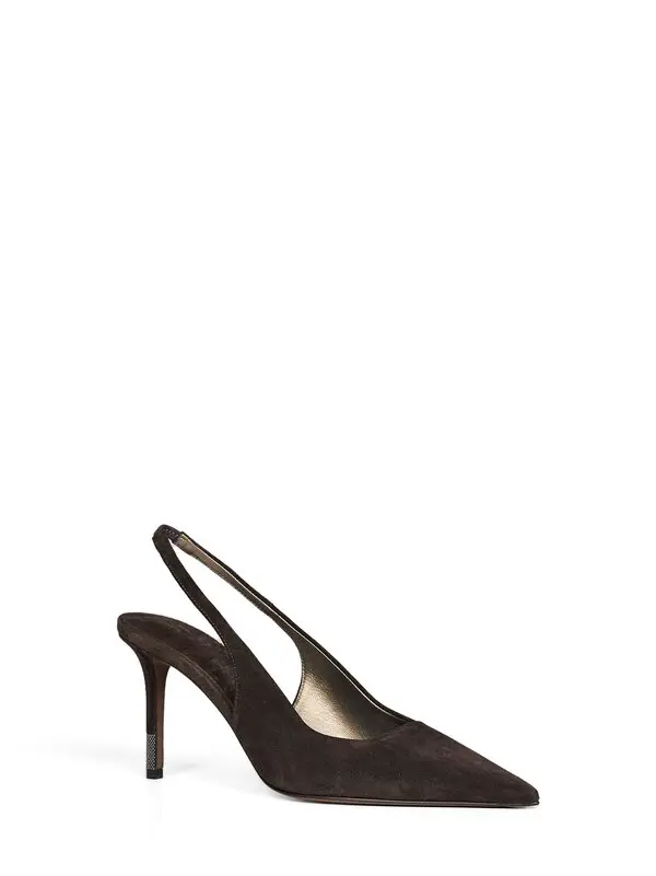 Brunello Cucinelli Pepper Brown Suede Slingback Heels With Monili
