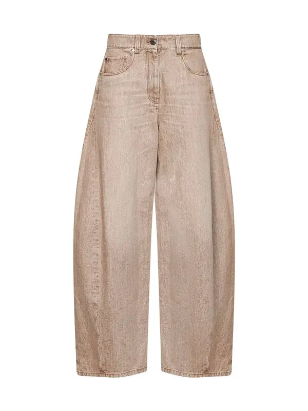 Brunello Cucinelli Desert Beige Authentic Denim Wide Jeans With Monili - Multicolor