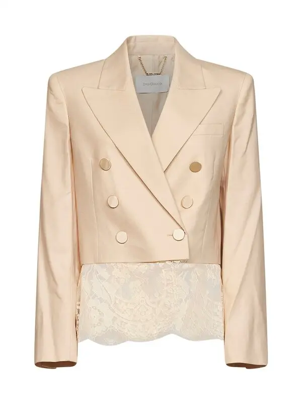 Zimmermann Cream Stretch Wool And Lace Valiant Double-breasted Cropped Blazer
