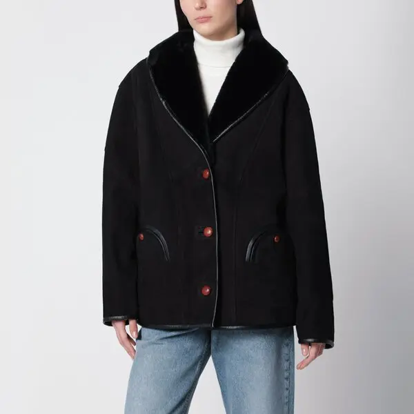 BLAZÉ MILANO Smiley Mini Shearling Jacket With Button Front & Leather Trims