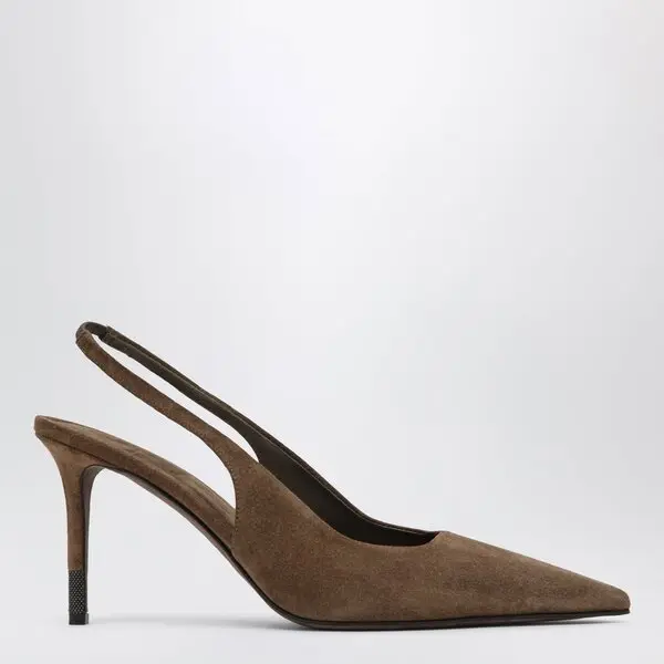 Brunello Cucinelli Caramello Suede Slingback Pumps With Monili Heel Detail