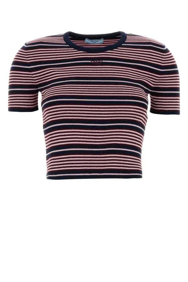 Prada Embroidered Striped Cotton-blend T-shirt