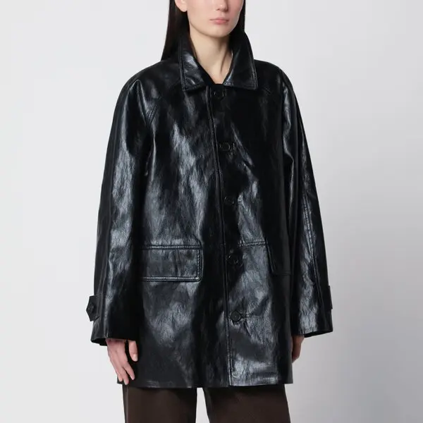 DUNST Lily Oversized Gloss Faux Leather Jacket With Classic Collar - Black