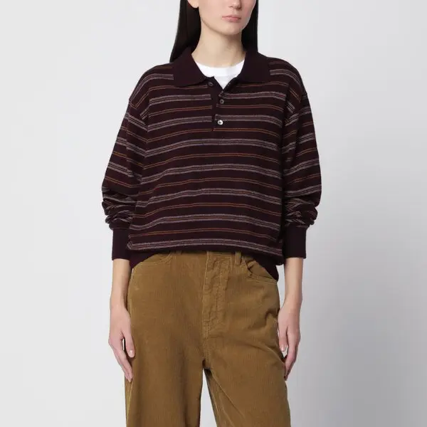 DUNST Striped Polo-collar Sweater With Relaxed Fit - Brown