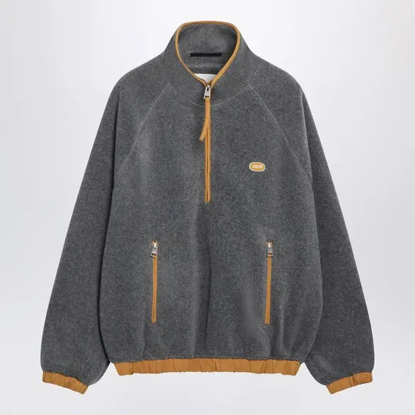 AMI Paris Ash Bouclé Patch Half-zip Fleece Sweatshirt - Grey
