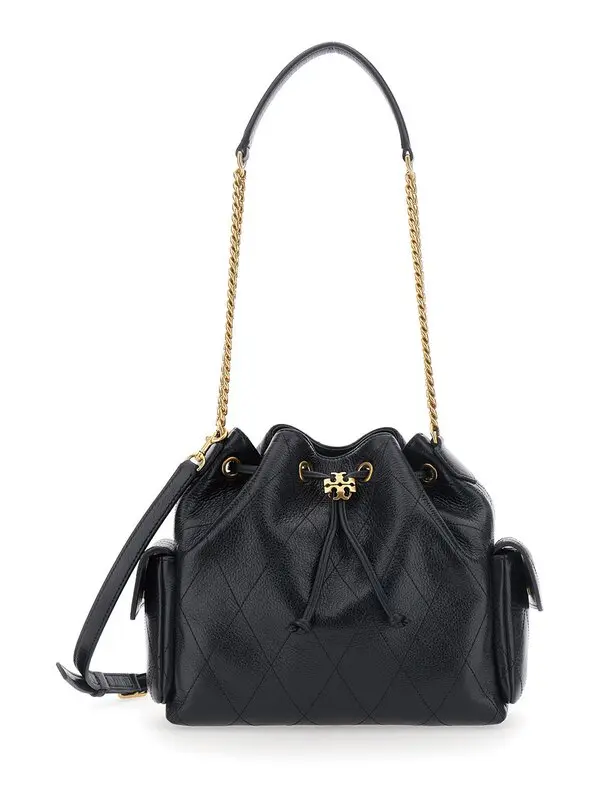 Tory Burch Quilted Charlie Shoulder Handbag With Drawstring Closure & Logo Plate