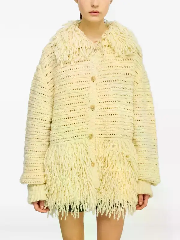 SEMICOUTURE Fringe-trimmed Wool Oversized Cardigan - Neutrals