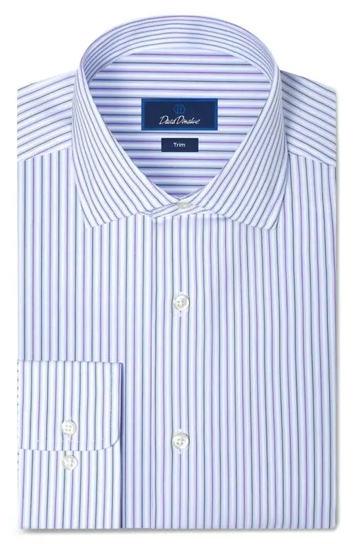 David Donahue Trim Fit Stripe Cotton Dobby Dress Shirt - Blue/berry/multi