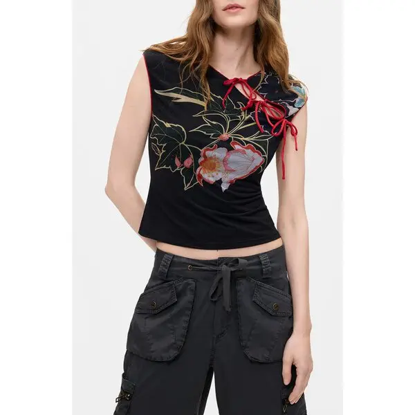 Desigual Floral Sleeveless T-shirt - Black